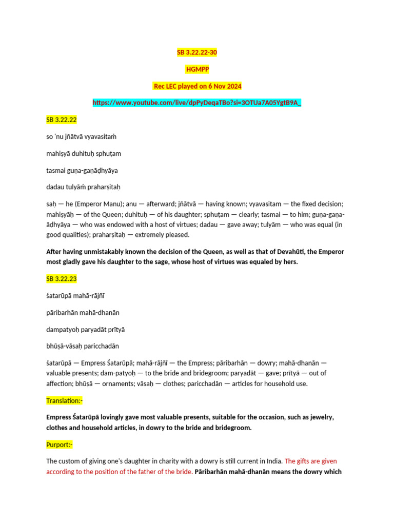 SB 3.22.22-30 HGMPP Rec LEC Played On 6 Nov 2024 | PDF | Bride | Marriage