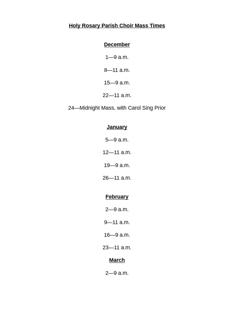 Choir Mass Times Advent Thru March 2 | PDF
