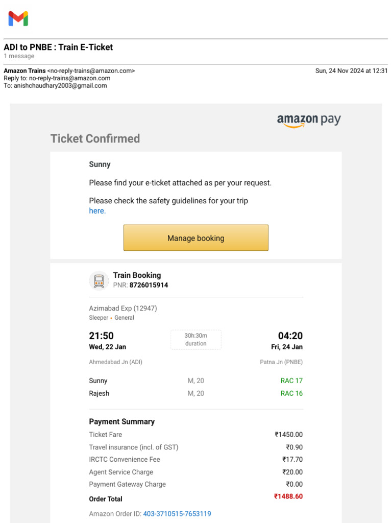 Train E-Ticket Confirmation | PDF | Identity Document | Government And Personhood