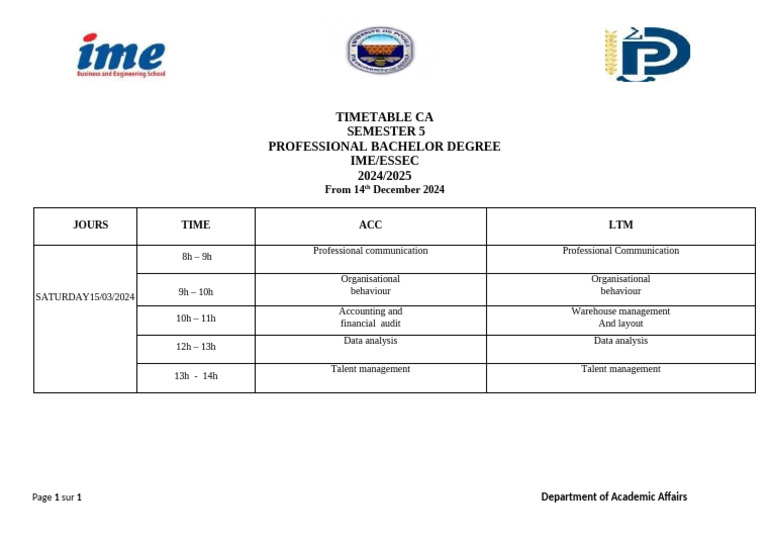 Semester 5 Timetable for Professional Degree | PDF