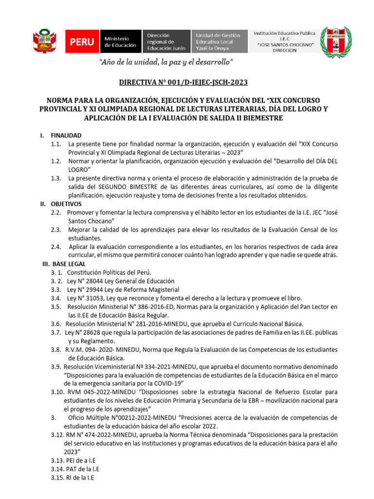 Directiva #001 I.E JSCH | PDF | Evaluación | Maestros