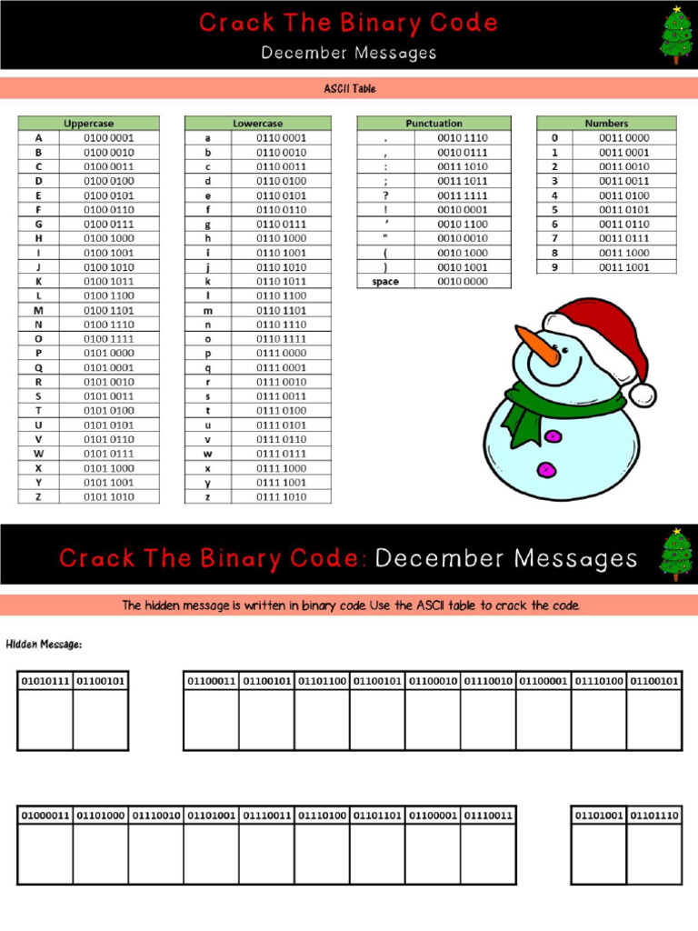 CodingUnpluggedCracktheBinaryCodeDecemberChristmasSkillLevelEasy 1 | PDF