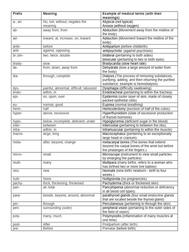 Prefix Examples and Meanings | PDF | Medical Specialties | Clinical ...