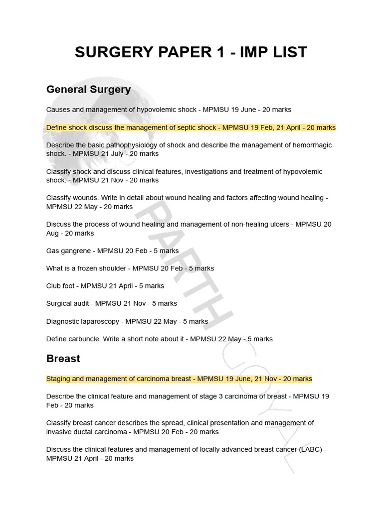 Surgery Paper 1 - Imp List | PDF | Clinical Medicine | Causes Of Death