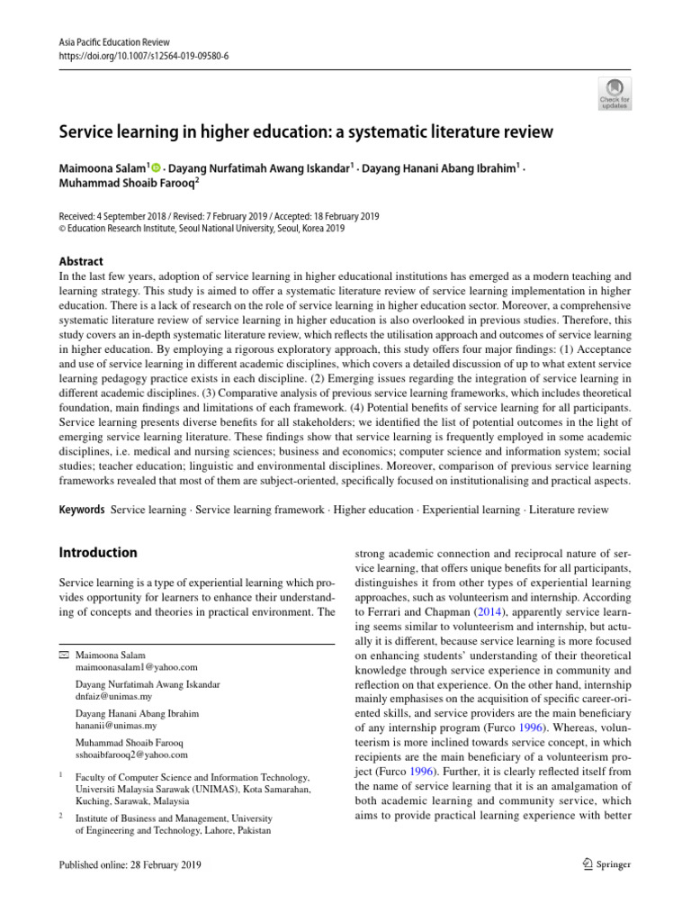 Service Learning in Higher Education: A Systematic Literature Review | PDF | Service Learning ...