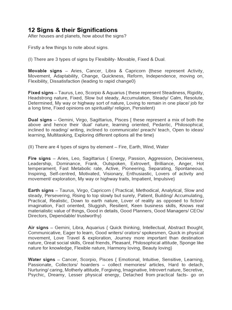 12 Signs and their signification | PDF | Planets In Astrology ...