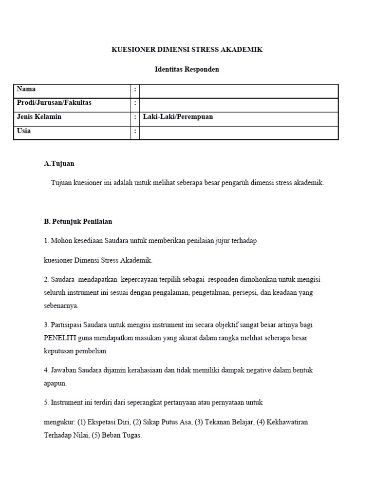 Kuesioner Dimensi Stress Akademik | PDF