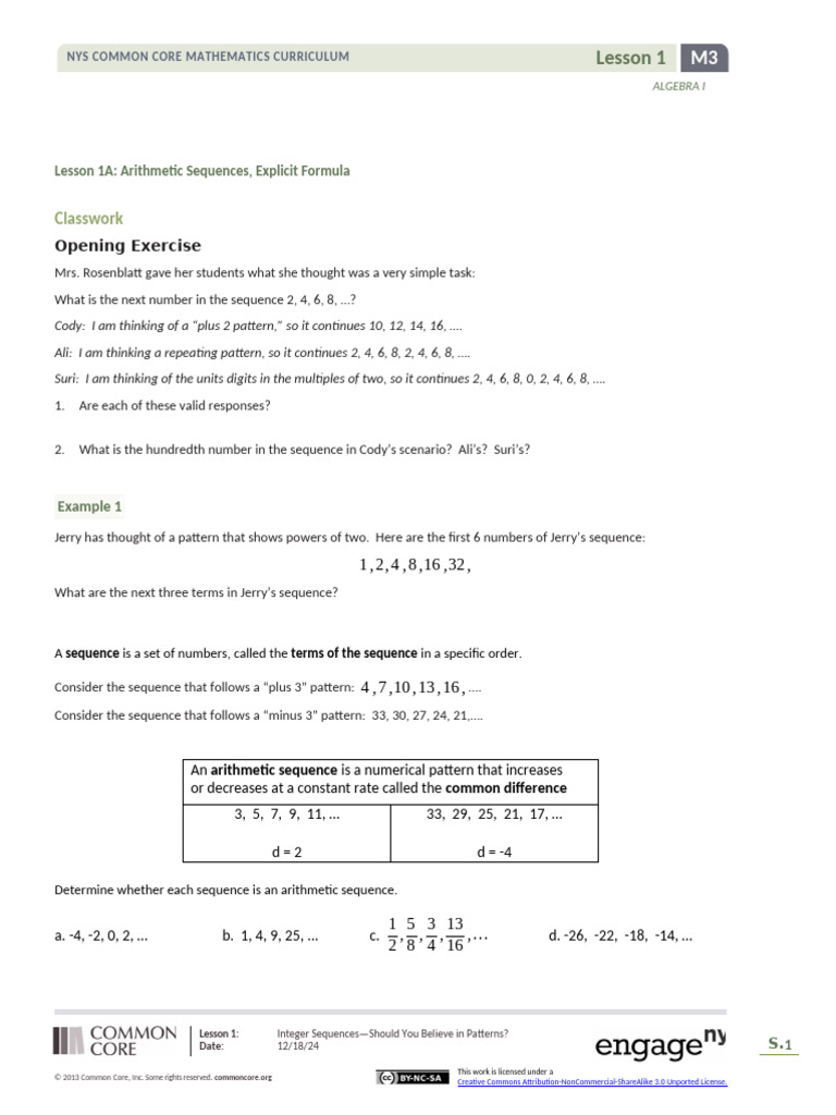 algebra i-m3-a-lesson 1-s | PDF | Sequence | Arithmetic