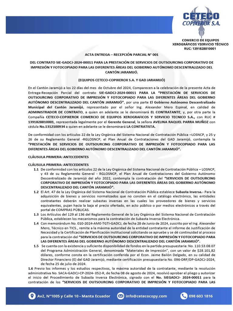 Acta de Entrega Parcial 001 2024-Signed | PDF | Subasta | Outsourcing