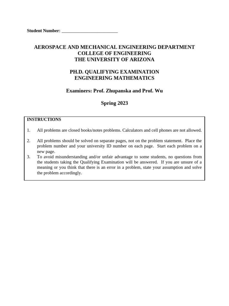 PhD Qualifying Exam: Engineering Mathematics | PDF | Mathematical ...