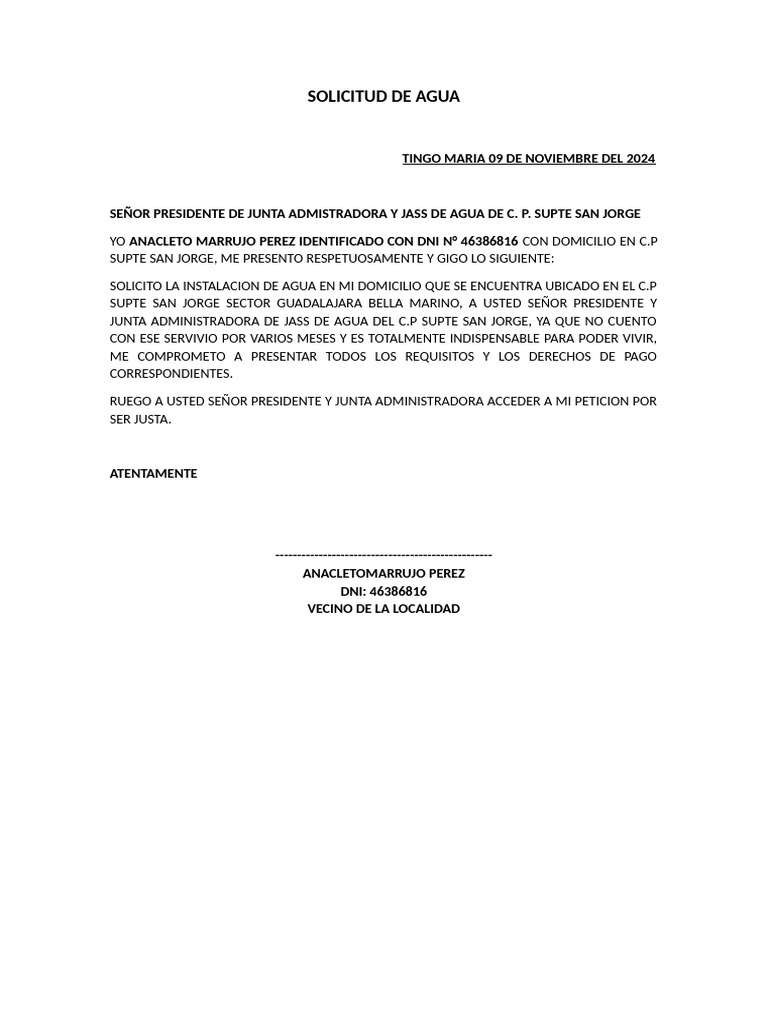 Solicitud de Instalación de Agua en Tingo María | PDF