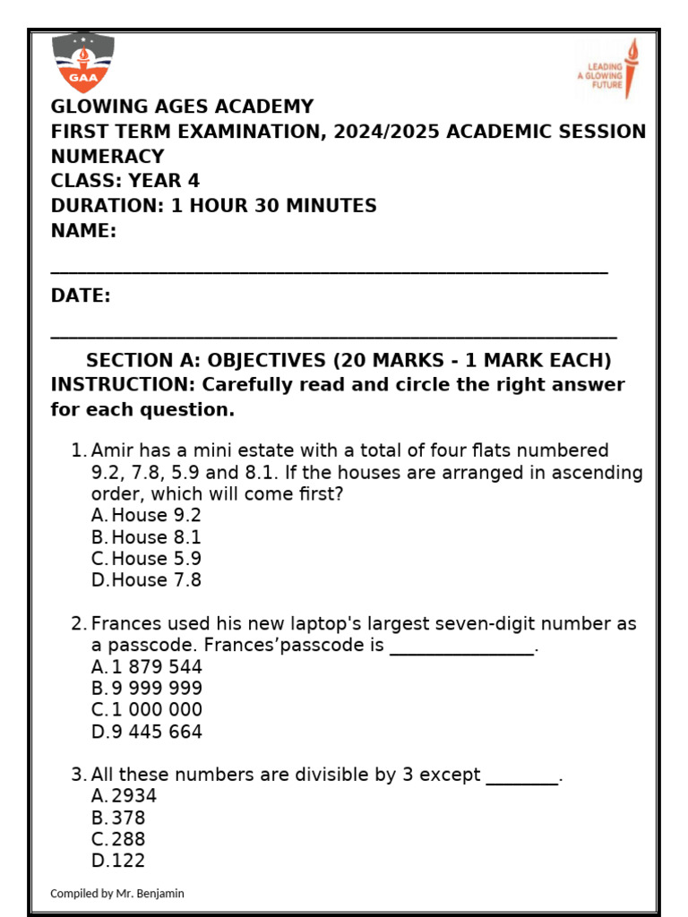 Year 4 Numeracy First Term Exam Ha | PDF