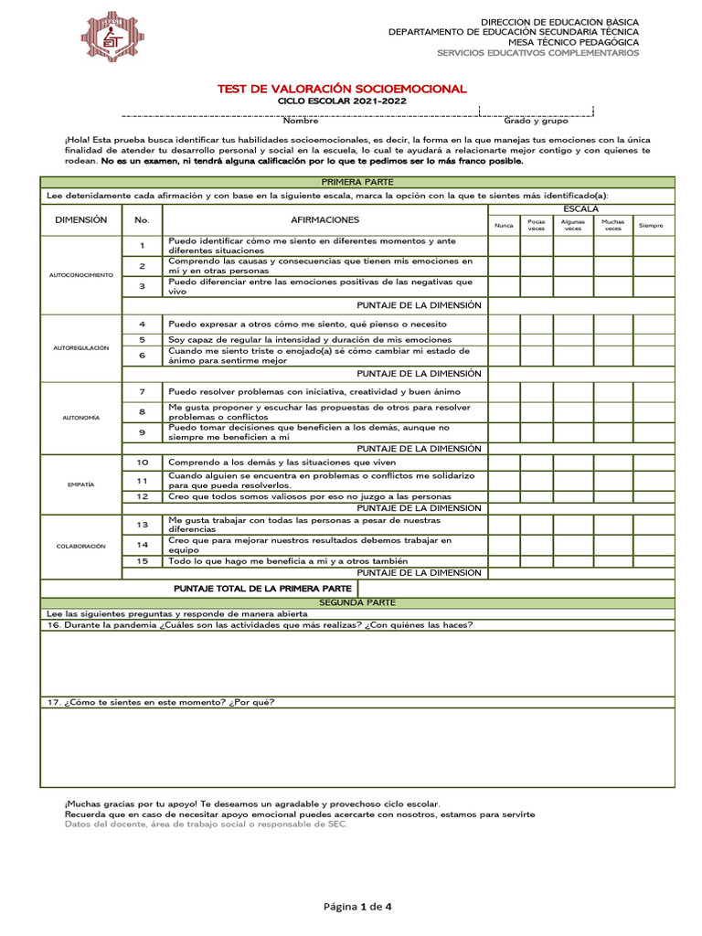 Sec Ts02 Test Socioemocional Sec 21 22 | PDF | Las emociones | Empatía Sec Ts02 Test Socioemocional Sec 21 22 | PDF | Las emociones | Empatía