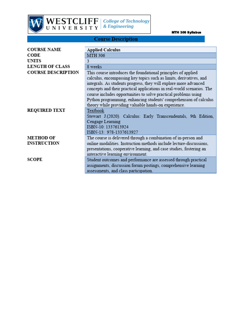 MTH 306 Applied Calculus | PDF | Integral | Derivative