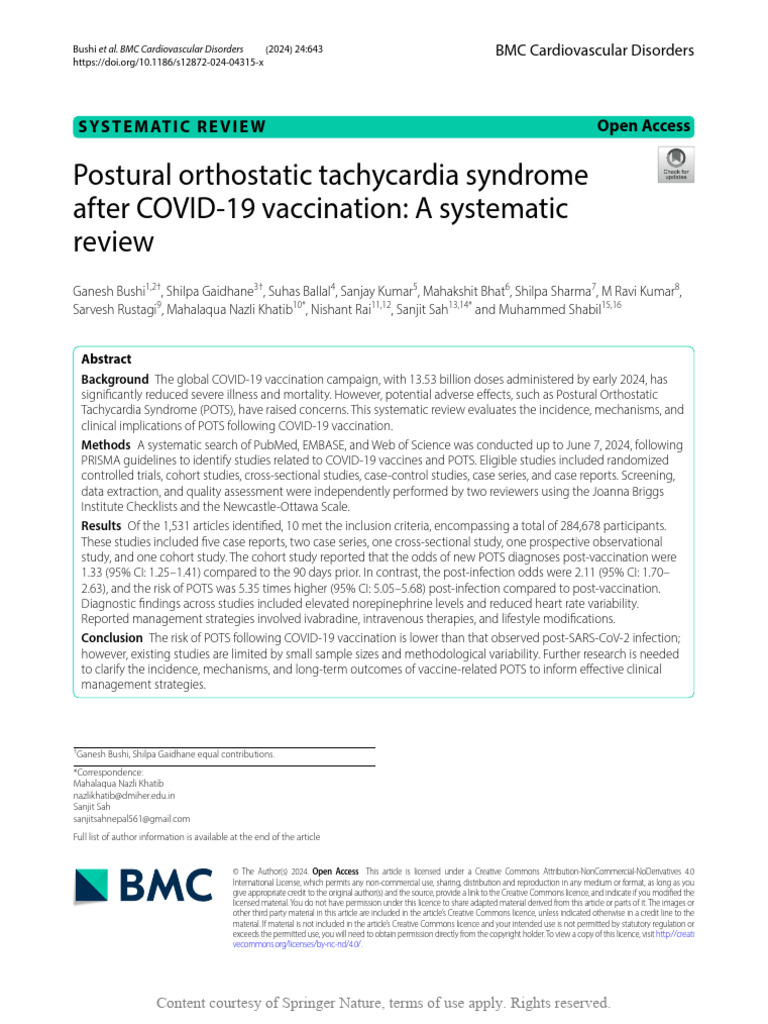 Postural Orthostatic Tachycardia Syndrome After CO | PDF | Systematic ...