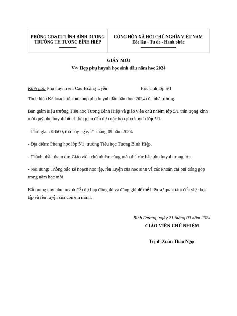 Giay Moi Hop Phu Huynh Dau Nam II | PDF