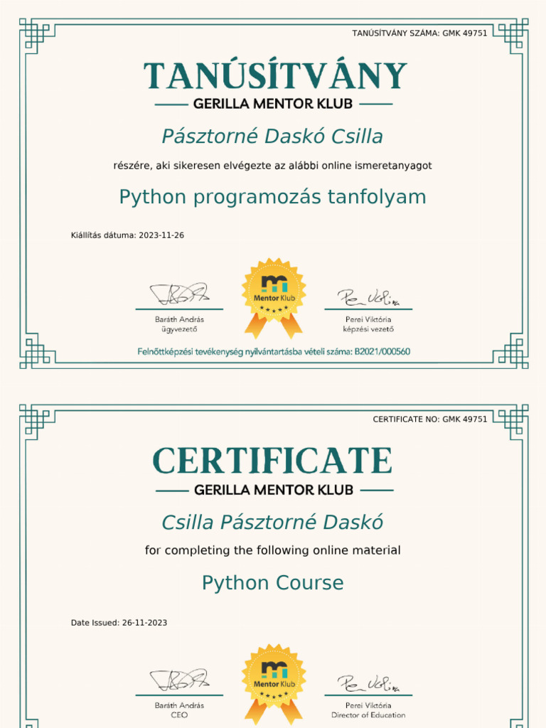 Pasztorne Dasko Csilla Python Programozas Tanfolyam 49751 | PDF