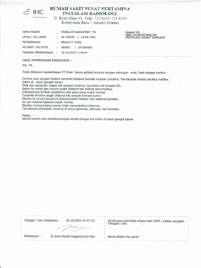 Hasil Lab Dan Ct Scan Di Rspp | PDF