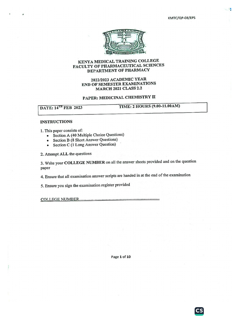 Med Chem Past Papers | PDF