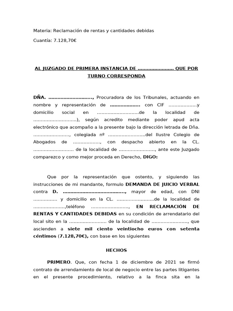 Modelo Demanda Reclamación Cantidades Con Reconocimiento de Deuda | PDF ...