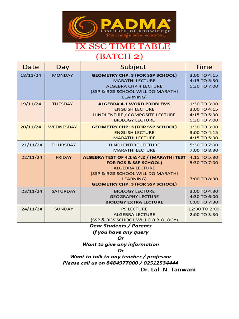 Ix SSC Time Table Batch 2 | PDF
