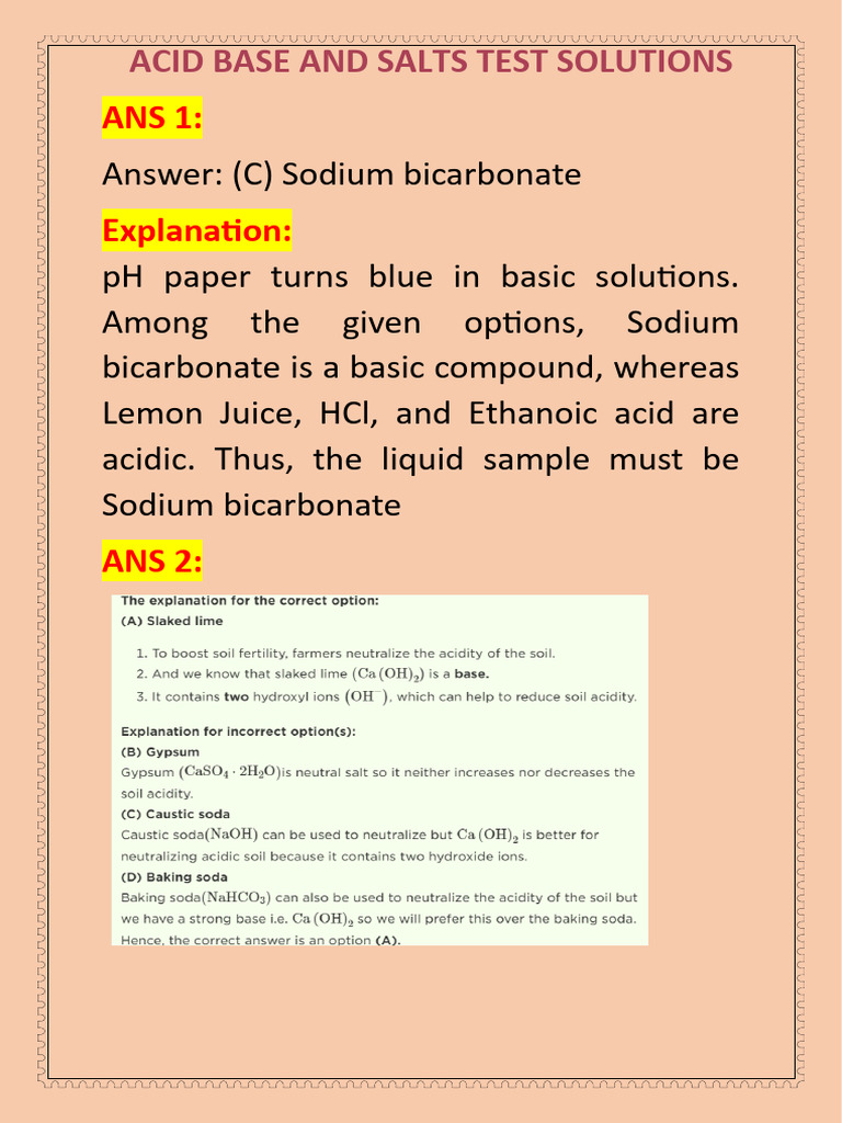 Solutions to acid base and salt test | PDF | Acid | Odor