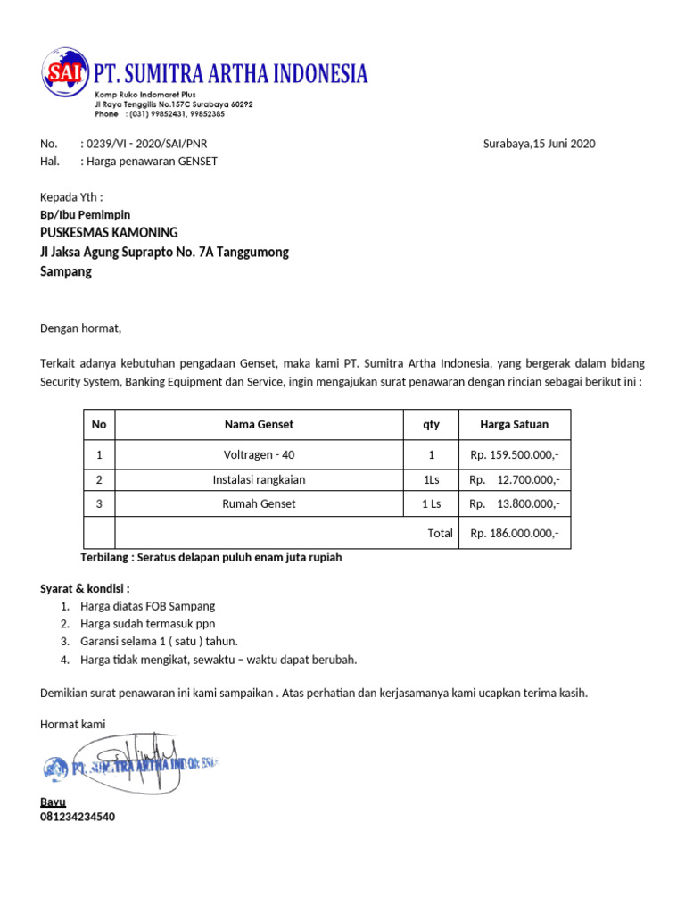 Surat Penawaran Genset - PT Sumitra | PDF