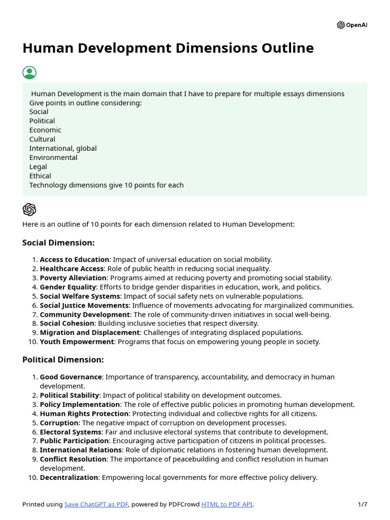 Human Development Dimensions Outline | PDF | Sustainability | Sustainable Agriculture