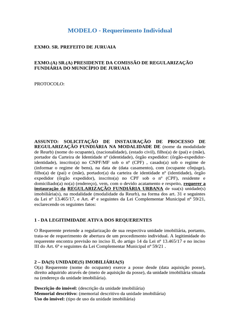Requerimento de Reurb Individual | PDF | Propriedade