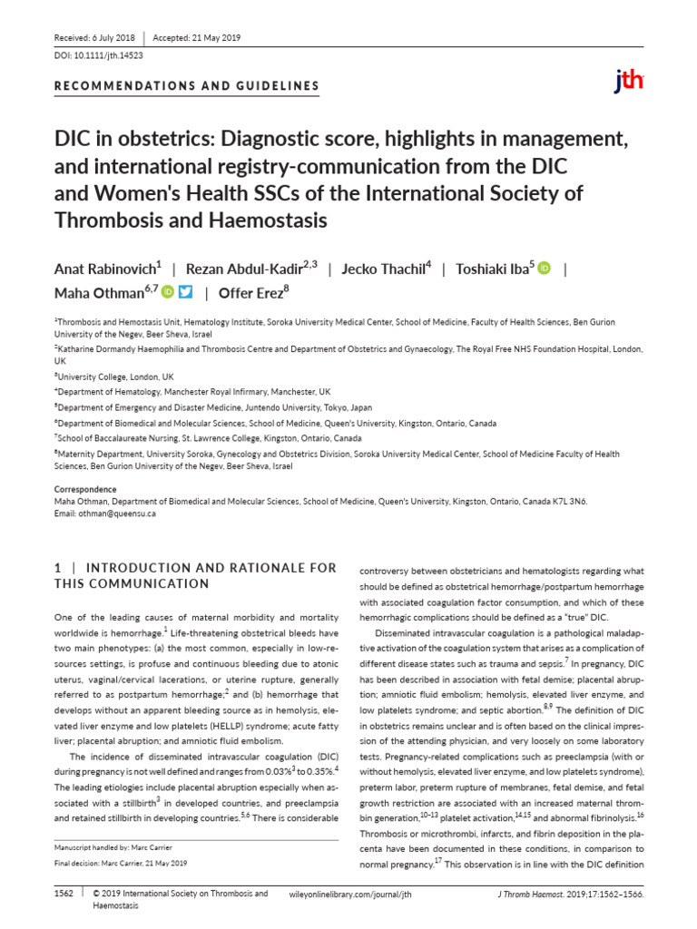 J of Thrombosis Haemost - 2019 - Rabinovich - DIC in obstetrics ...