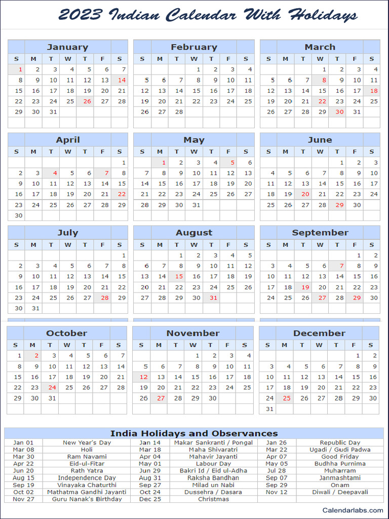Indian Calendar With Holidays 1 | PDF