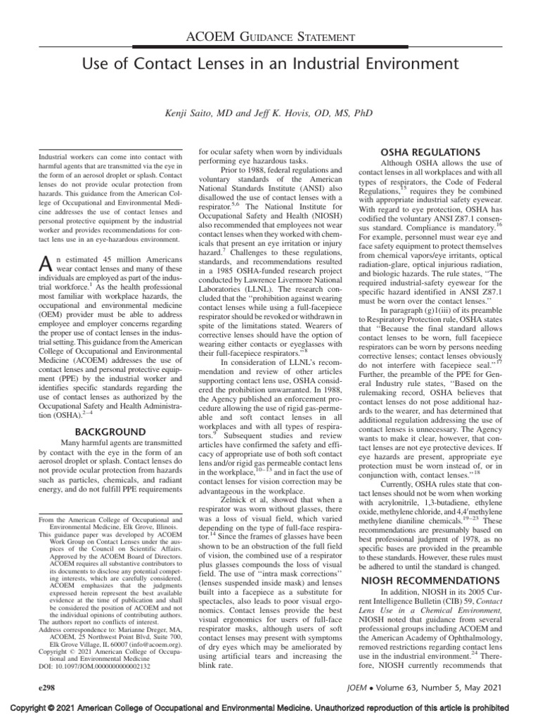 OSHA Guidance on Contact Lenses in Industry | PDF | Personal Protective ...