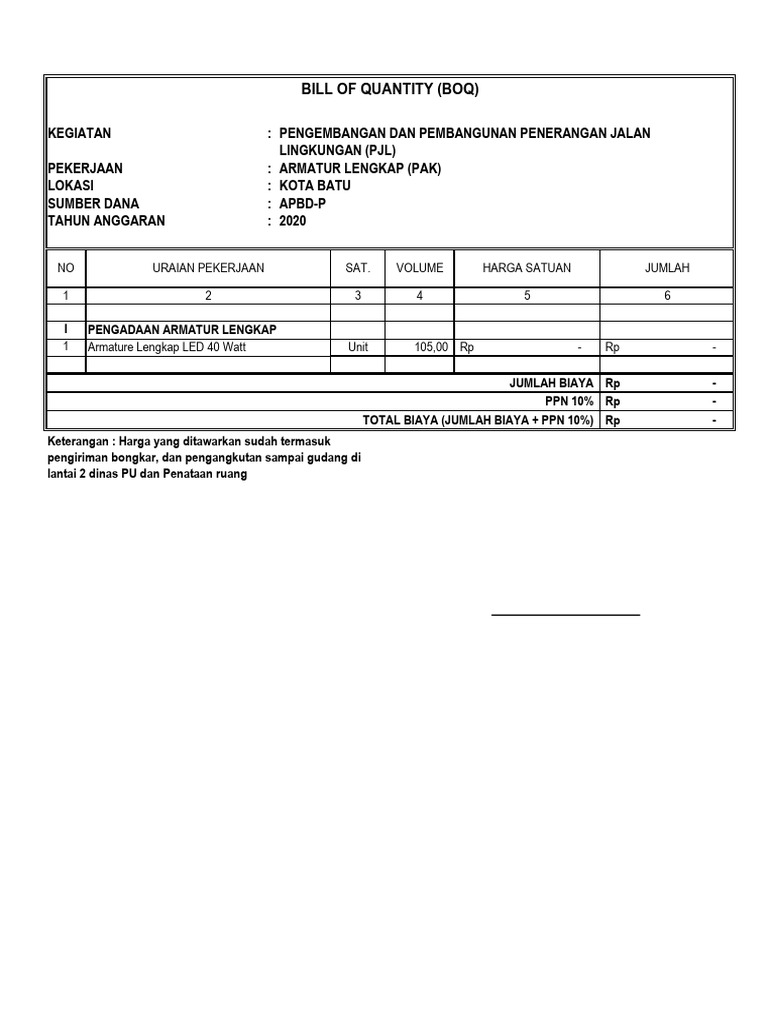 Boq Pengadaan Armature 40 Watt | PDF