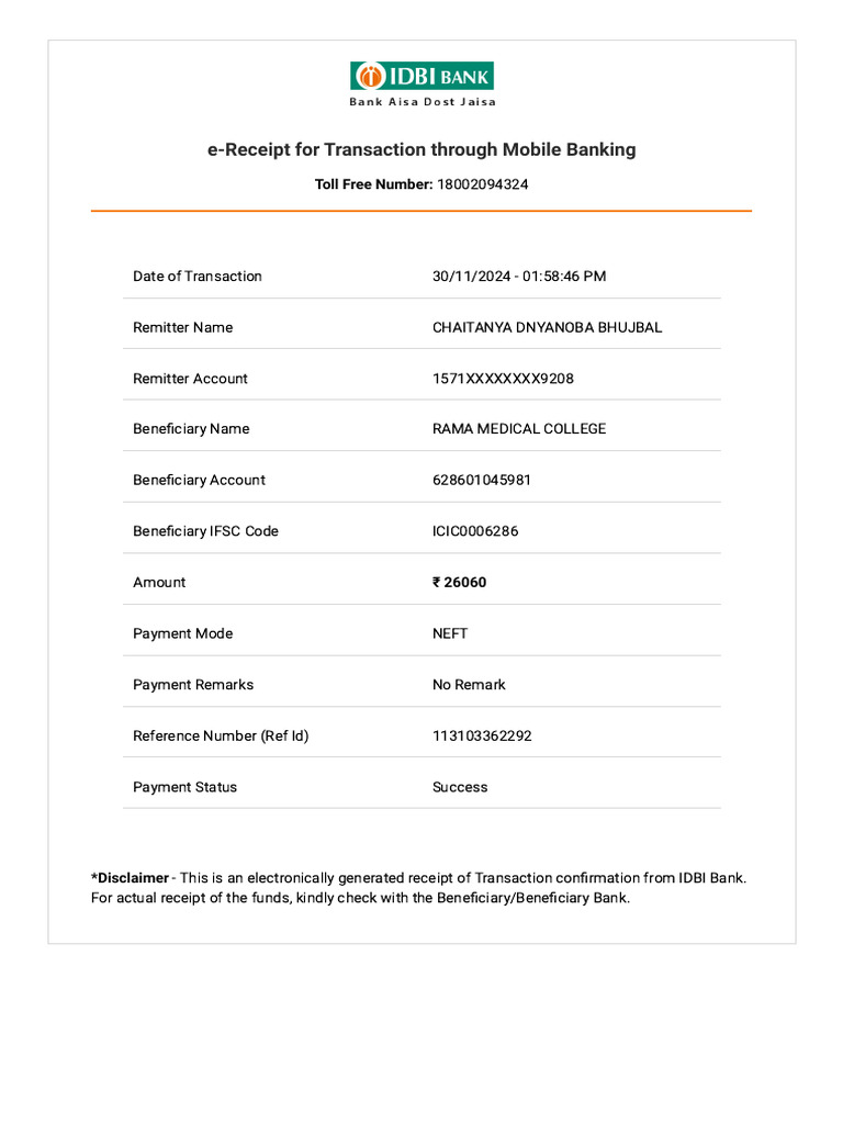 NEFT Transaction Receipt: IDBI Bank | PDF