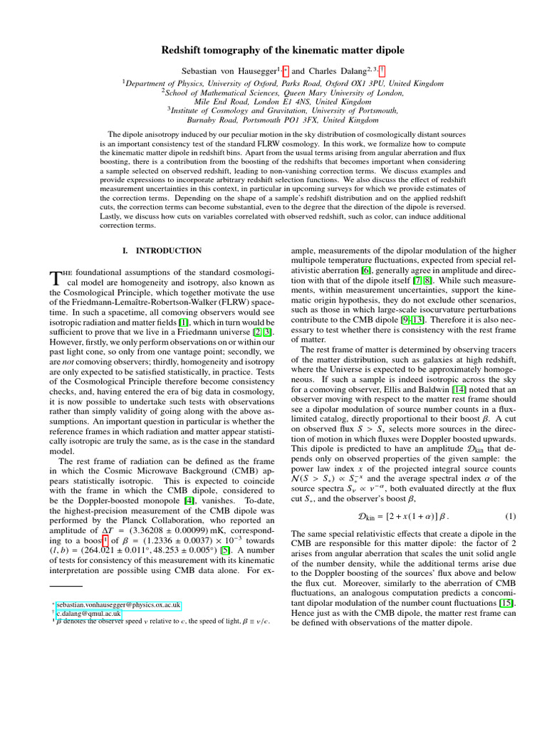 Redshift Tomography of The Kinematic Matter Dipole | PDF | Cosmic Microwave Background | Redshift