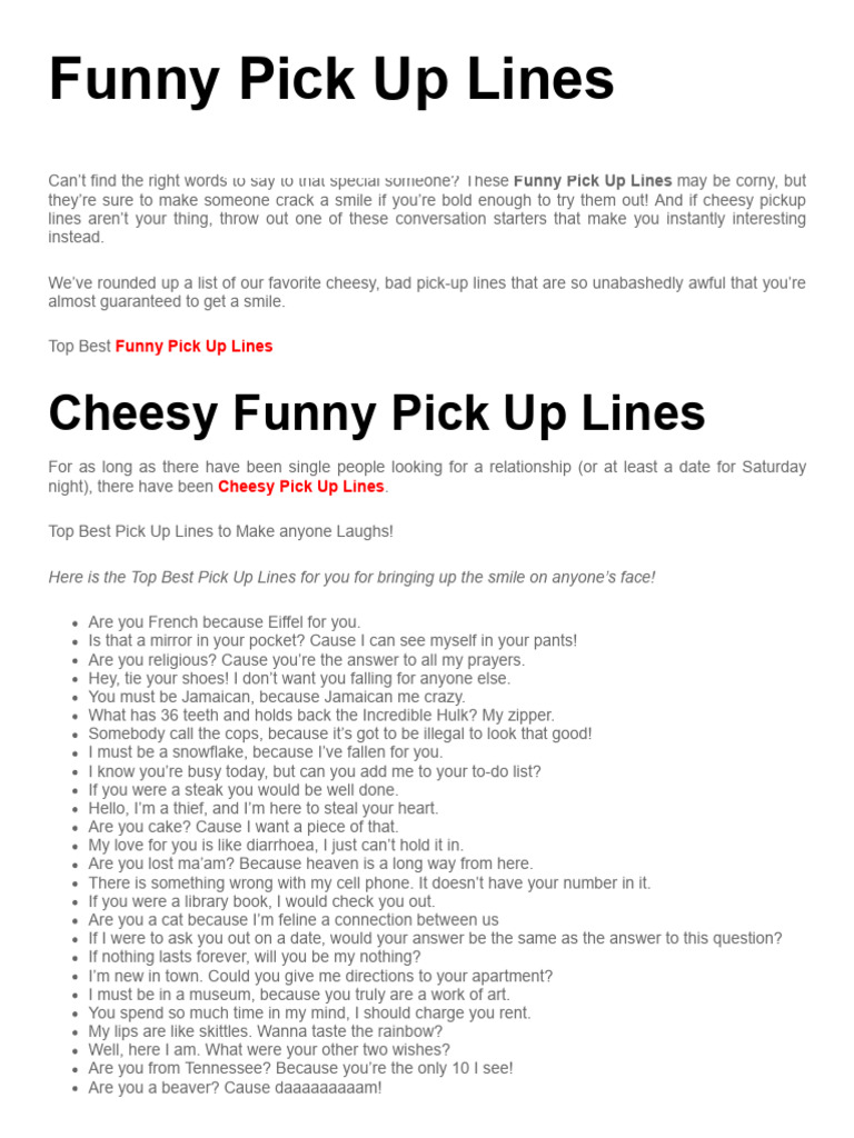 Funny Pick Up Lines For Bringing Up The | PDF