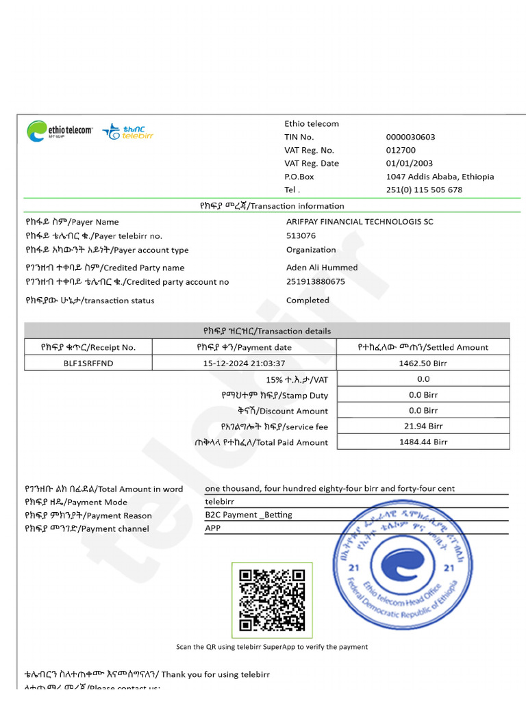 Telebirr - B2C Payment - Betting | PDF