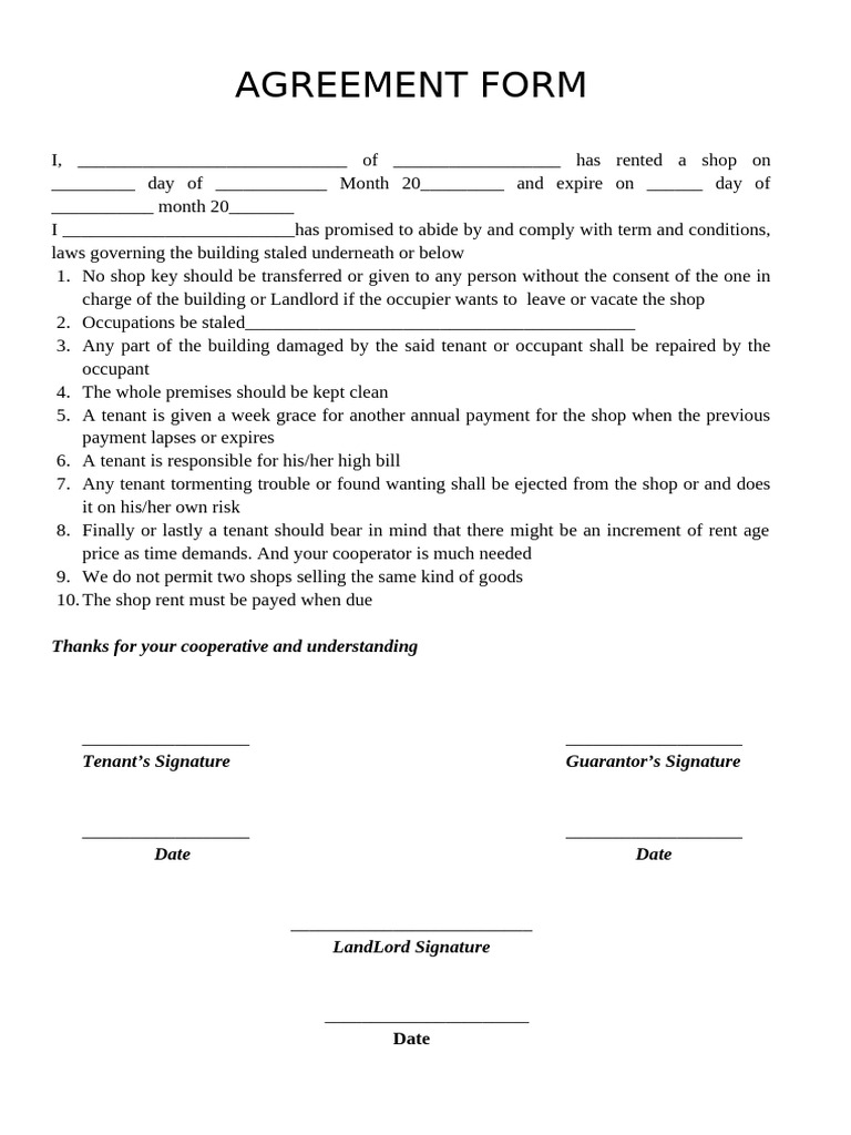 Shop Rental Agreement Template | PDF