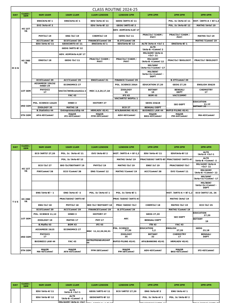 Class Routine 2024-25 | PDF