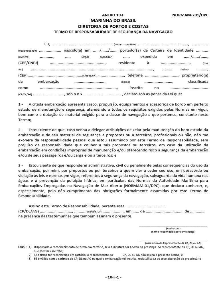 Termo de Responsabilidade - Normam 201 | PDF