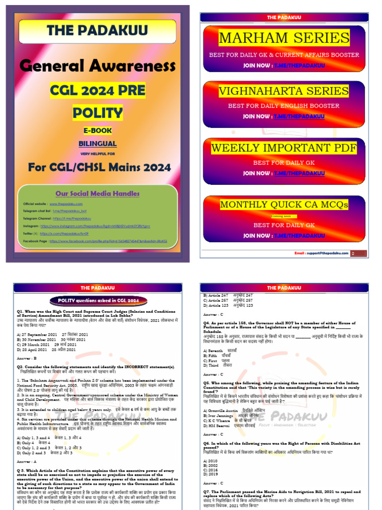 THE PADAKUU CGL 2024 PRE POLITY QUESTIONS BILINGUAL e Book | PDF