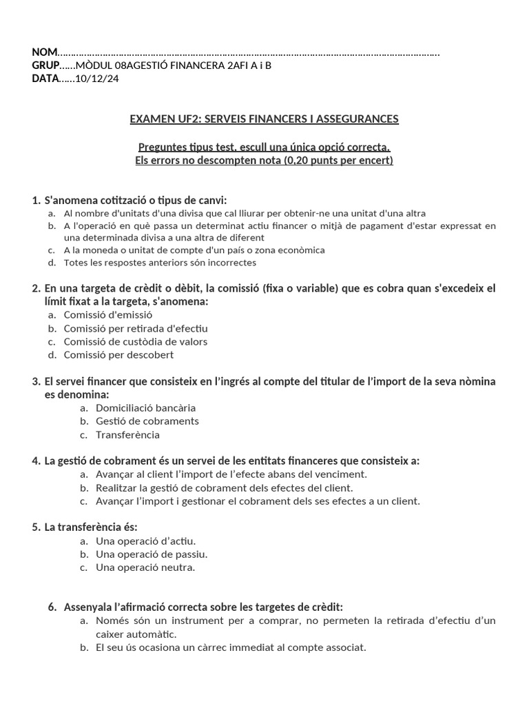 Examen Serveis Financers UF2 101224 | PDF