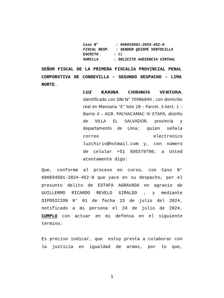 Apersonamiento y Solicito Declaracion Virtual Jeshua | PDF | Justicia | Crimen y violencia