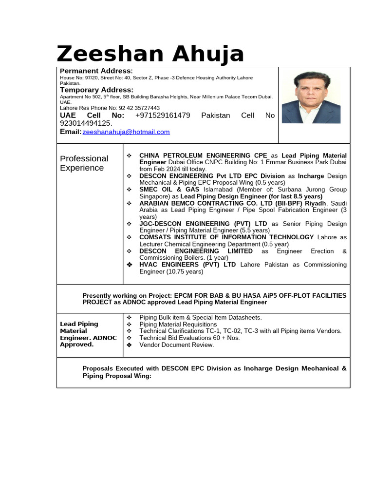 CV-ZEESHAN AHUJA-Lead Piping Engineer | PDF | Boiler | Steam