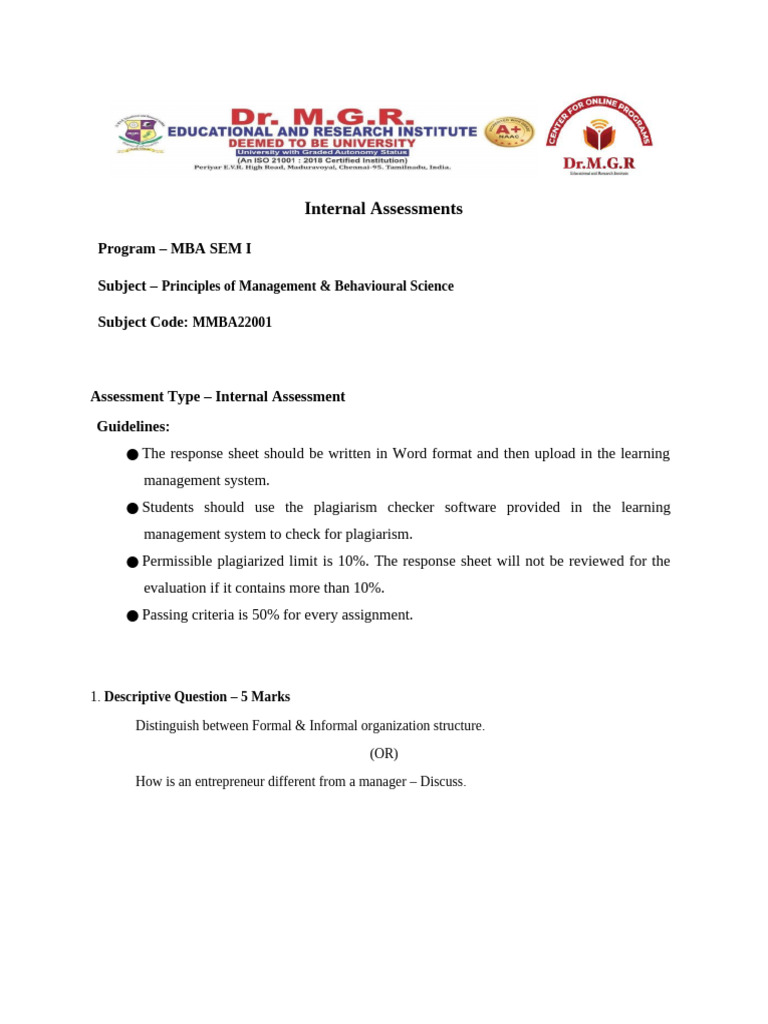 Principles of Management and Behavioral Science-Assignment 2 | PDF