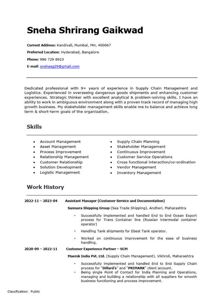 Sneha_Resume_New-1 | PDF | Cargo | Supply Chain