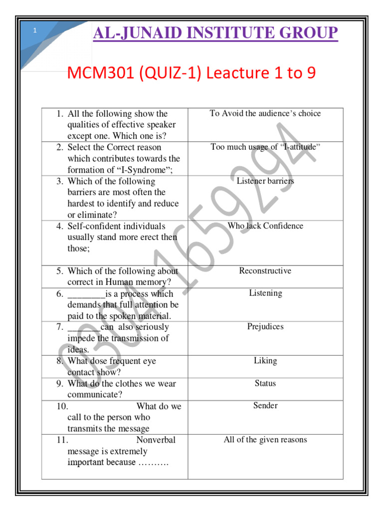 MCM301 QUIZ-1 | PDF | Communication | Cognition MCM301 QUIZ-1 | PDF | Communication | Cognition