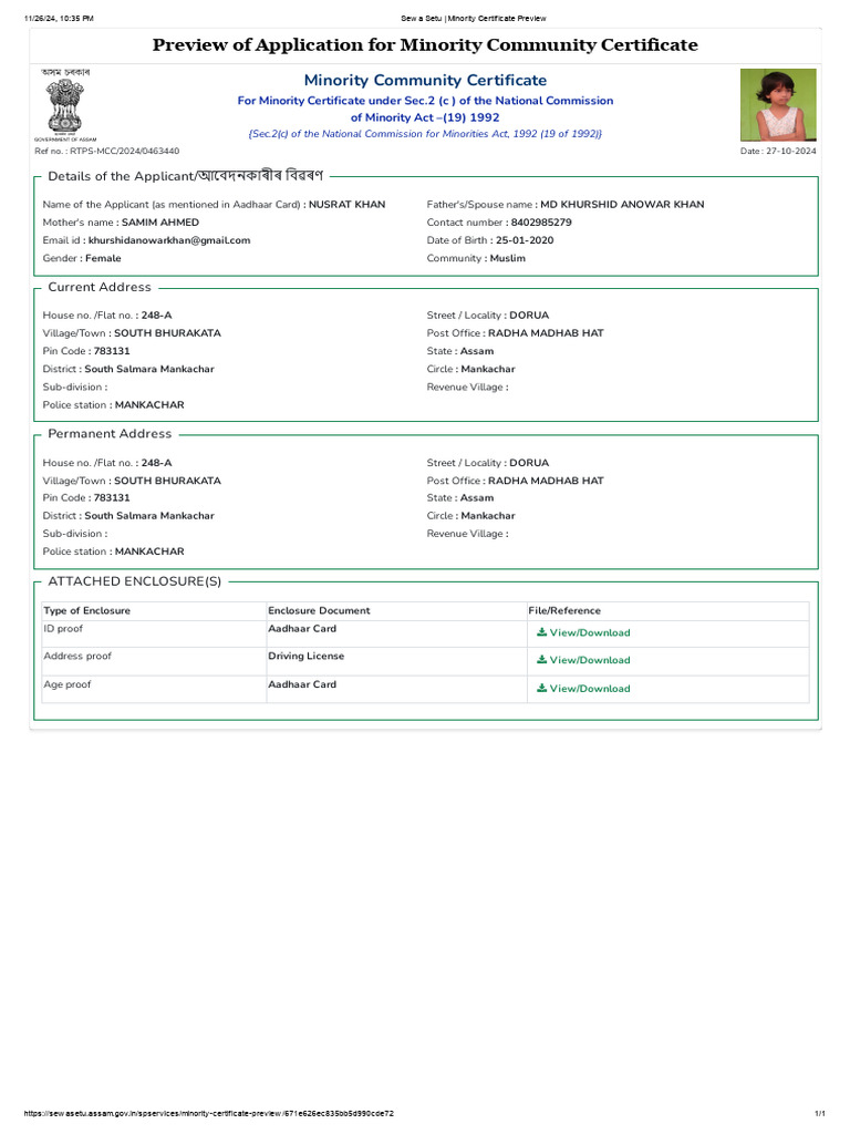 Sewa Setu _ Minority Certificate Preview- Nusrat | PDF | Applications Of Cryptography ...