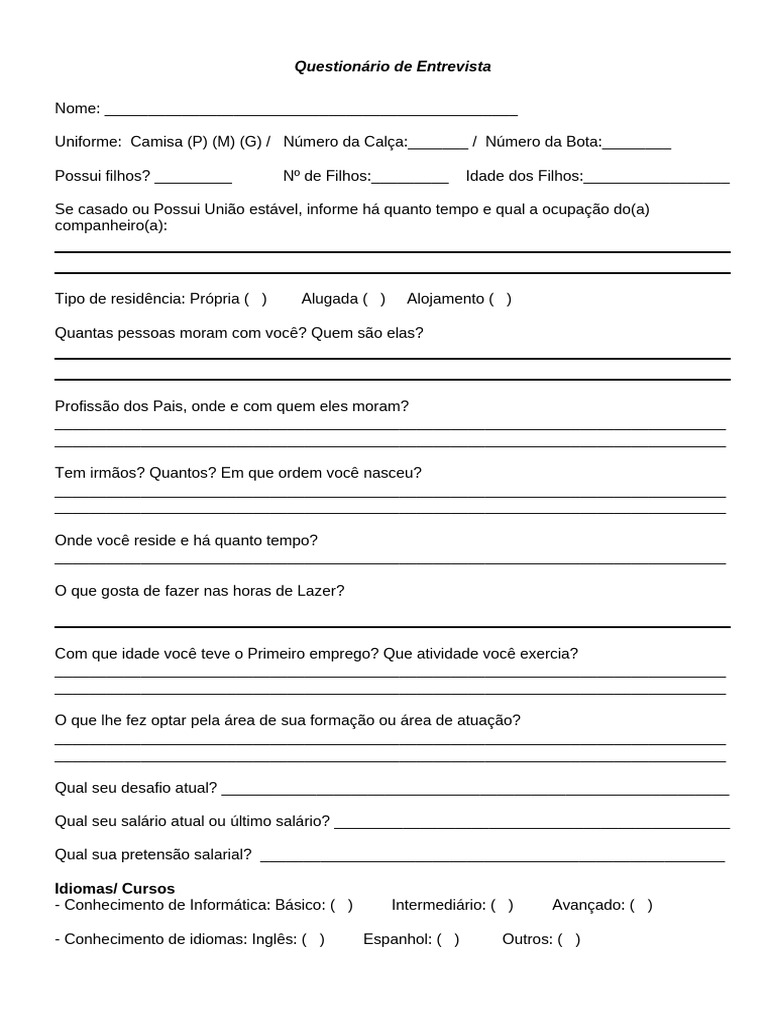 Questionário de Entrevista Profissional | PDF