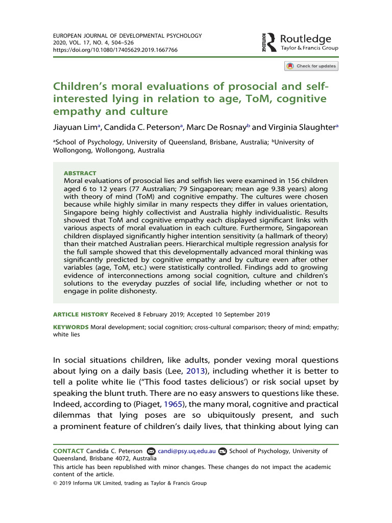 children moral evaluations of prosocial and seld interest lying... | PDF | Empathy | Theory Of Mind